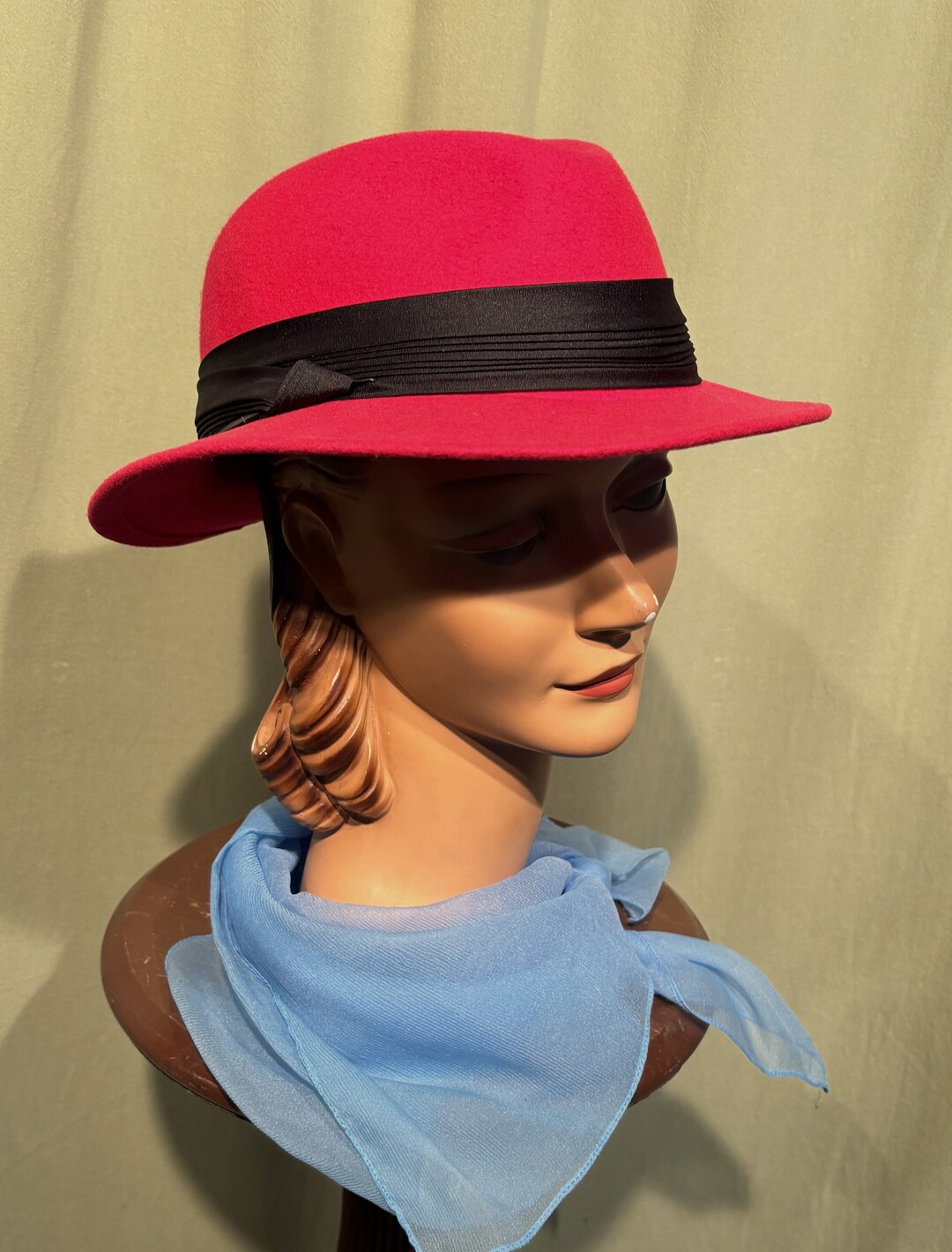 Sweet Original Vintage Bollman Hat Co Red Wool Felt Fedora Hat W Black Hatband 22" Approx. Size ...