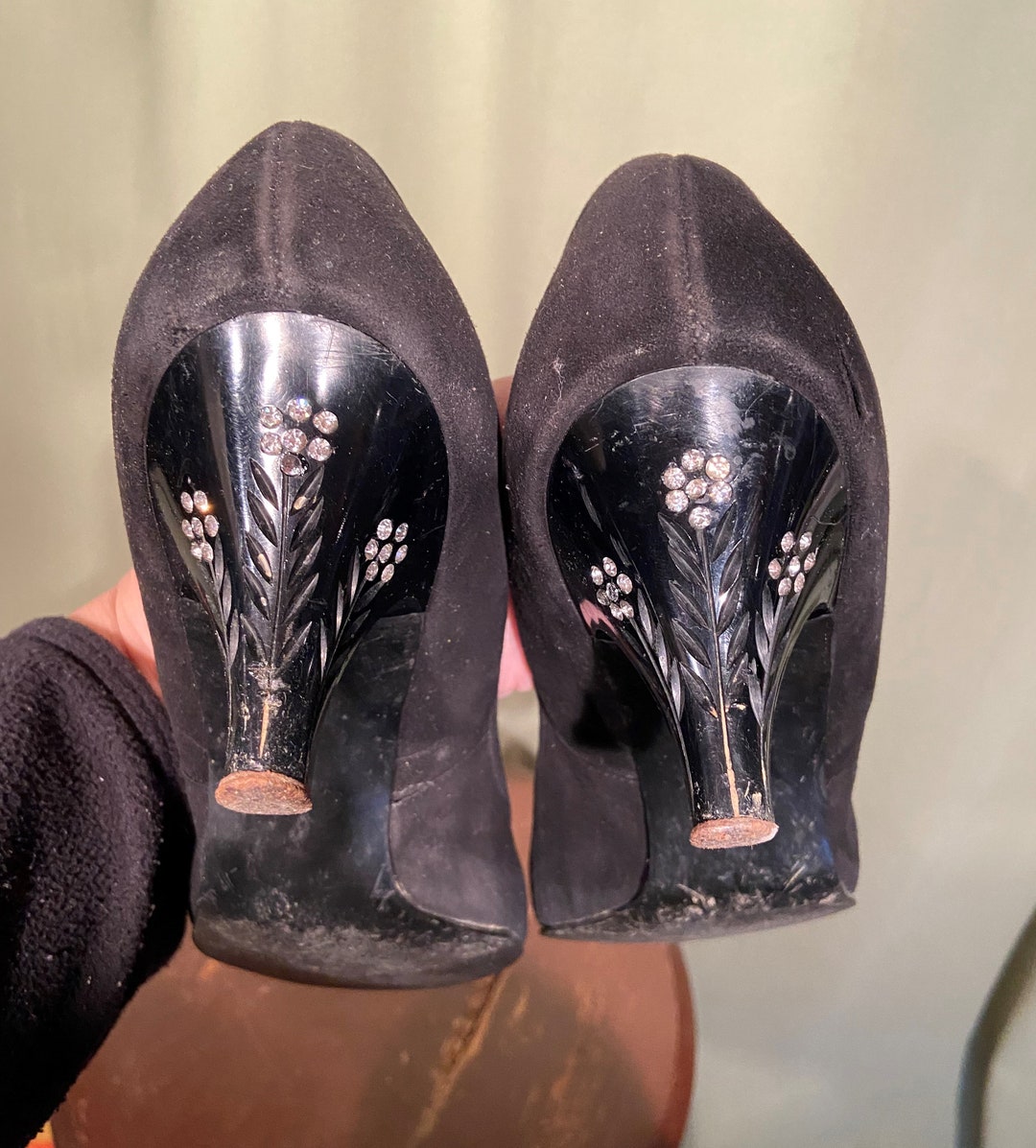 Sexy Original Vintage 50s Black Sueded Fabric Pumps Heels Shoes W ...