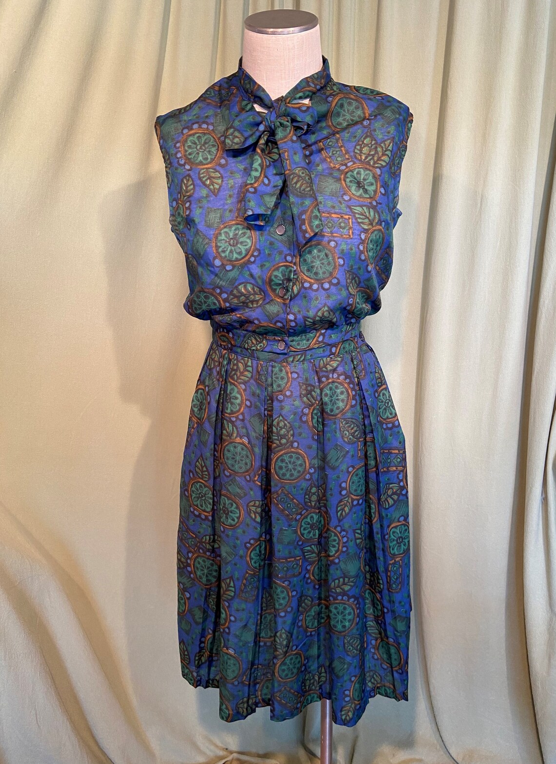 Fun Original Vintage 60s Blue Green Cotton Blend Blousy Middy | Etsy