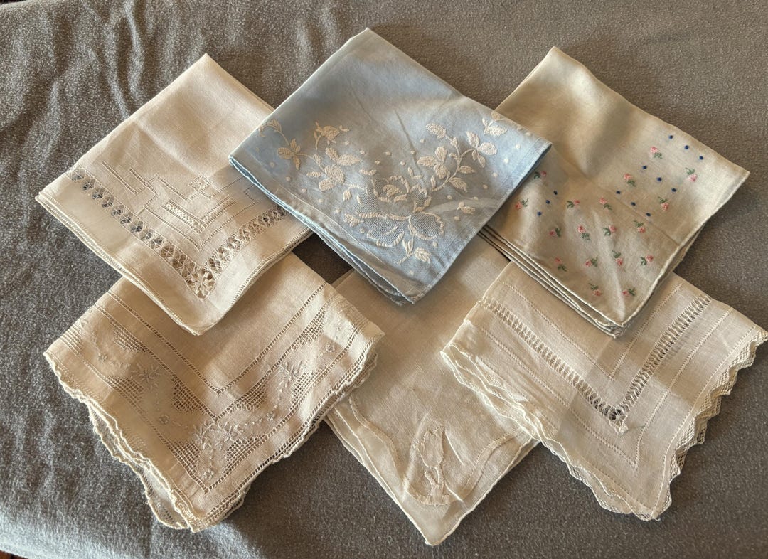 6 Charming Vintage Mid-century White & Pastel Cotton Handkerchiefs ...