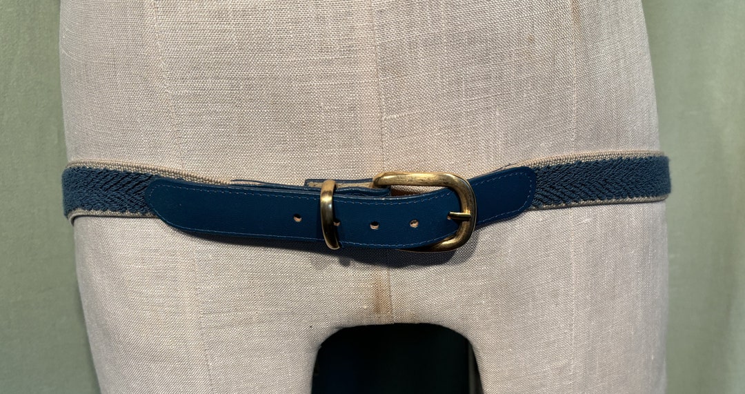 Fun Original Vintage Woven Elastic Slate Blue Belt W Faux Leather Ends ...