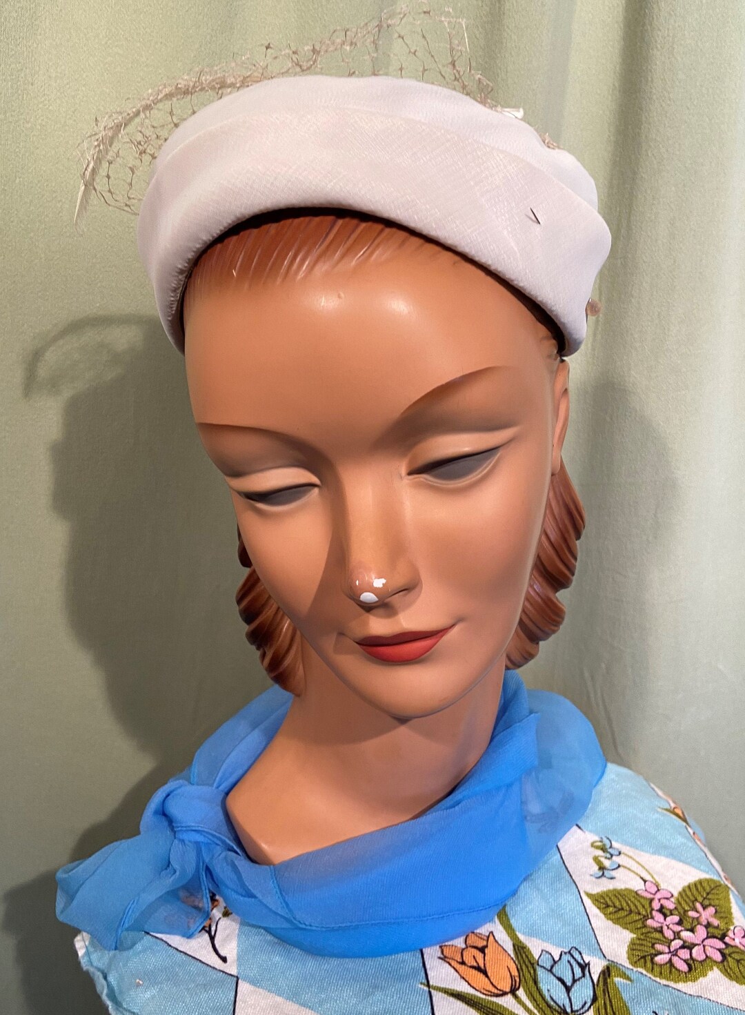 Sweet Original Vintage Mid Century Beige Skull Cap Hat W Feather & Net ...