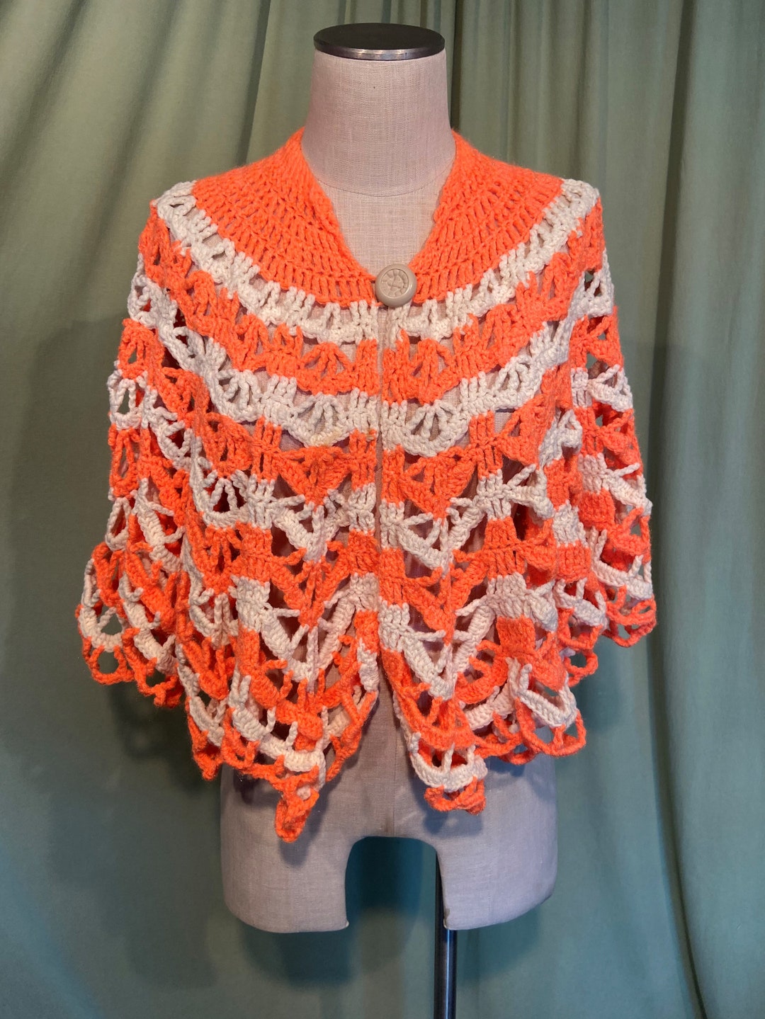 Funky Original Vintage Hand Crocheted Fluorescent Orange & Cream Lacy ...