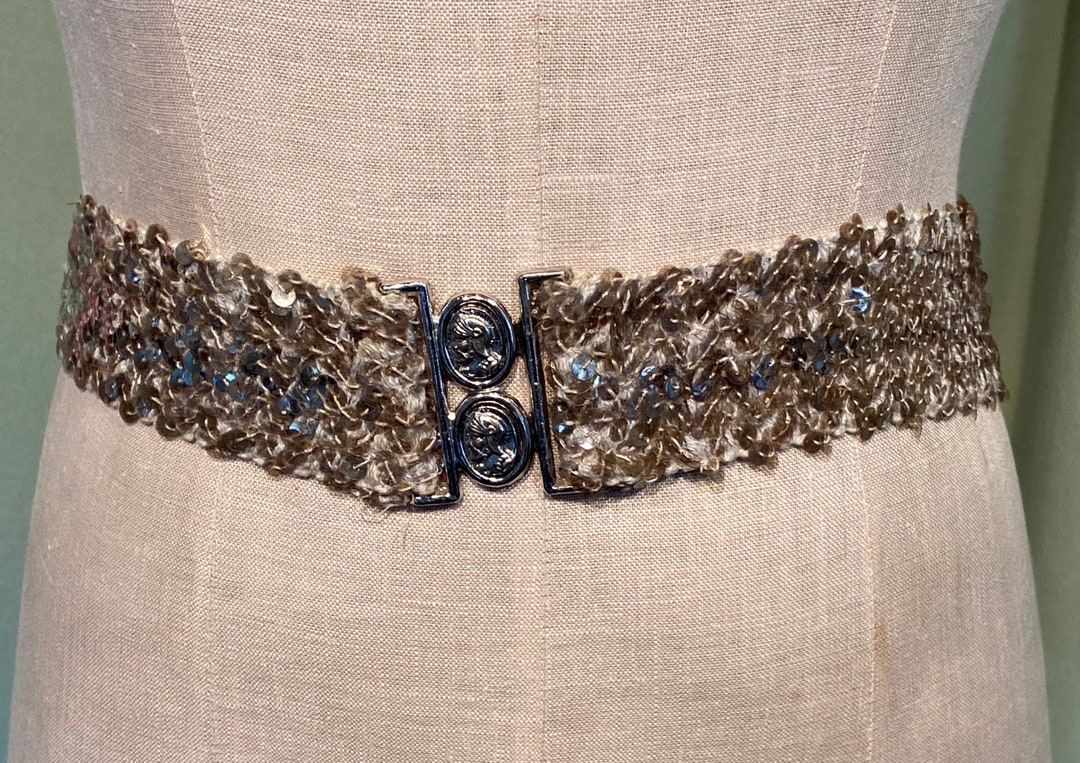 Original Vintage 80s Silver Sequin Elastic Belt With Silver Tone Metal ...