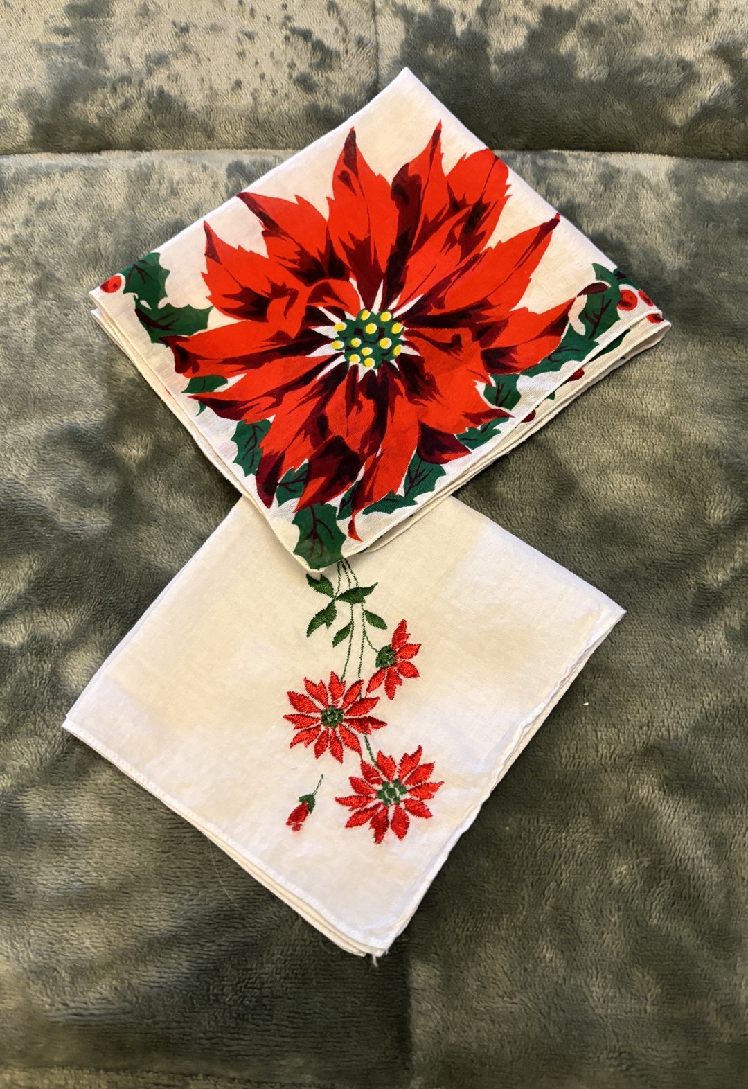 2 Charming Vintage Mid Century Christmas Holiday Hankies, Handkerchiefs ...