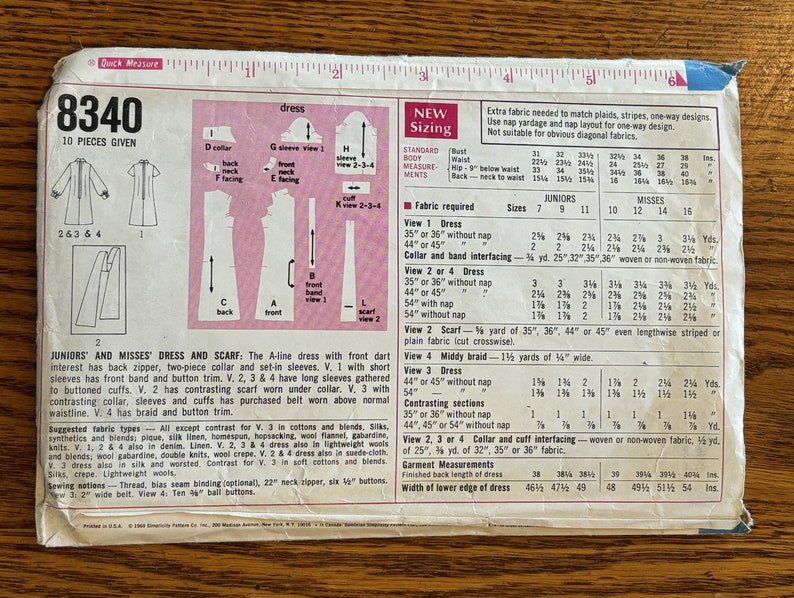 Original Vintage 1969 Simplicity Dress or Jumper Pattern 8340 Size 9 ...