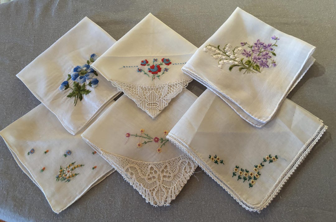 6 Charming Original Vintage Mid Century Hankies Handkerchiefs W Hand or ...