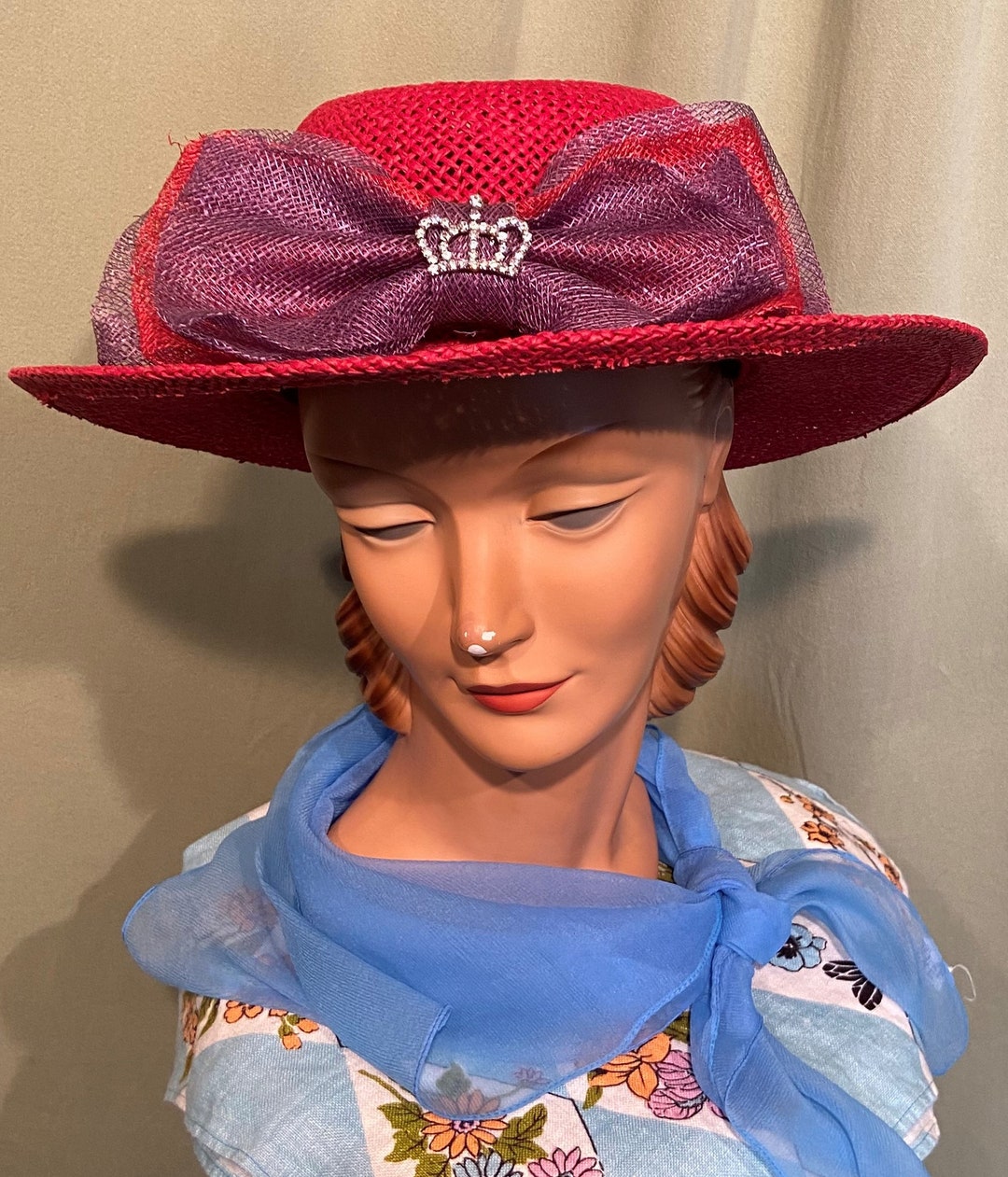 Fun Original Vintage 90s Red Hat Society Red & Purple Straw Wide Brim ...