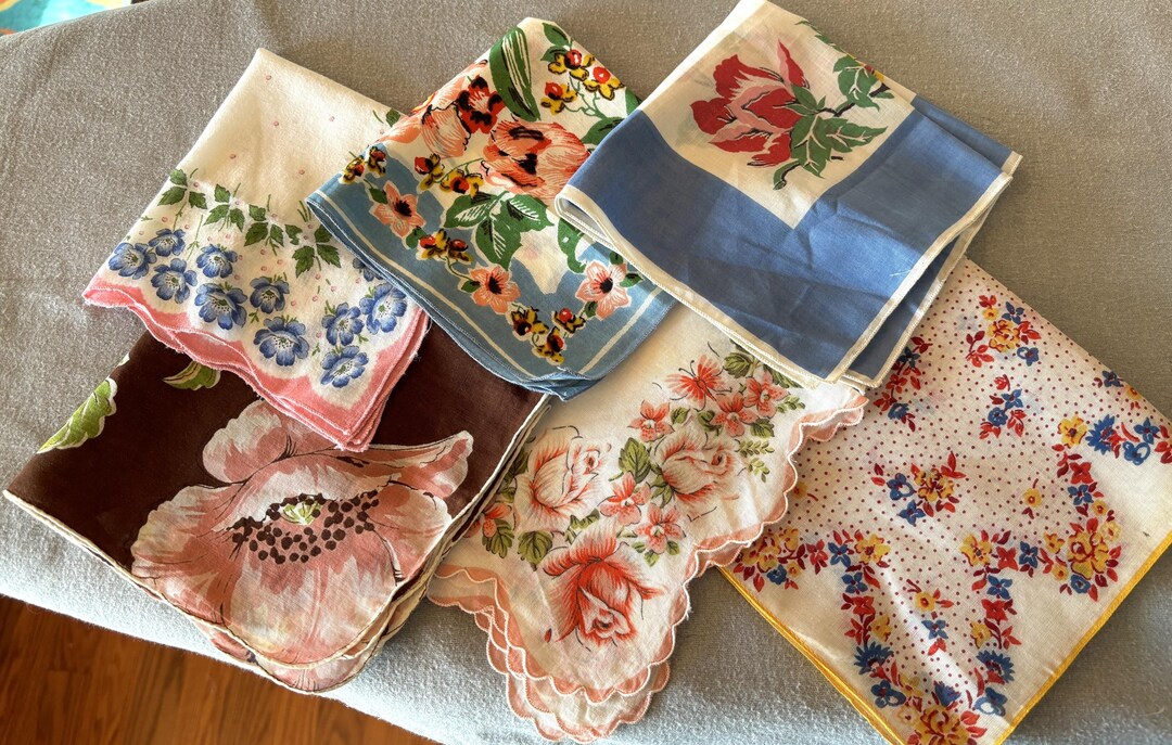 6 Charming Original Vintage Mid-century Floral Print Cotton Hankies ...