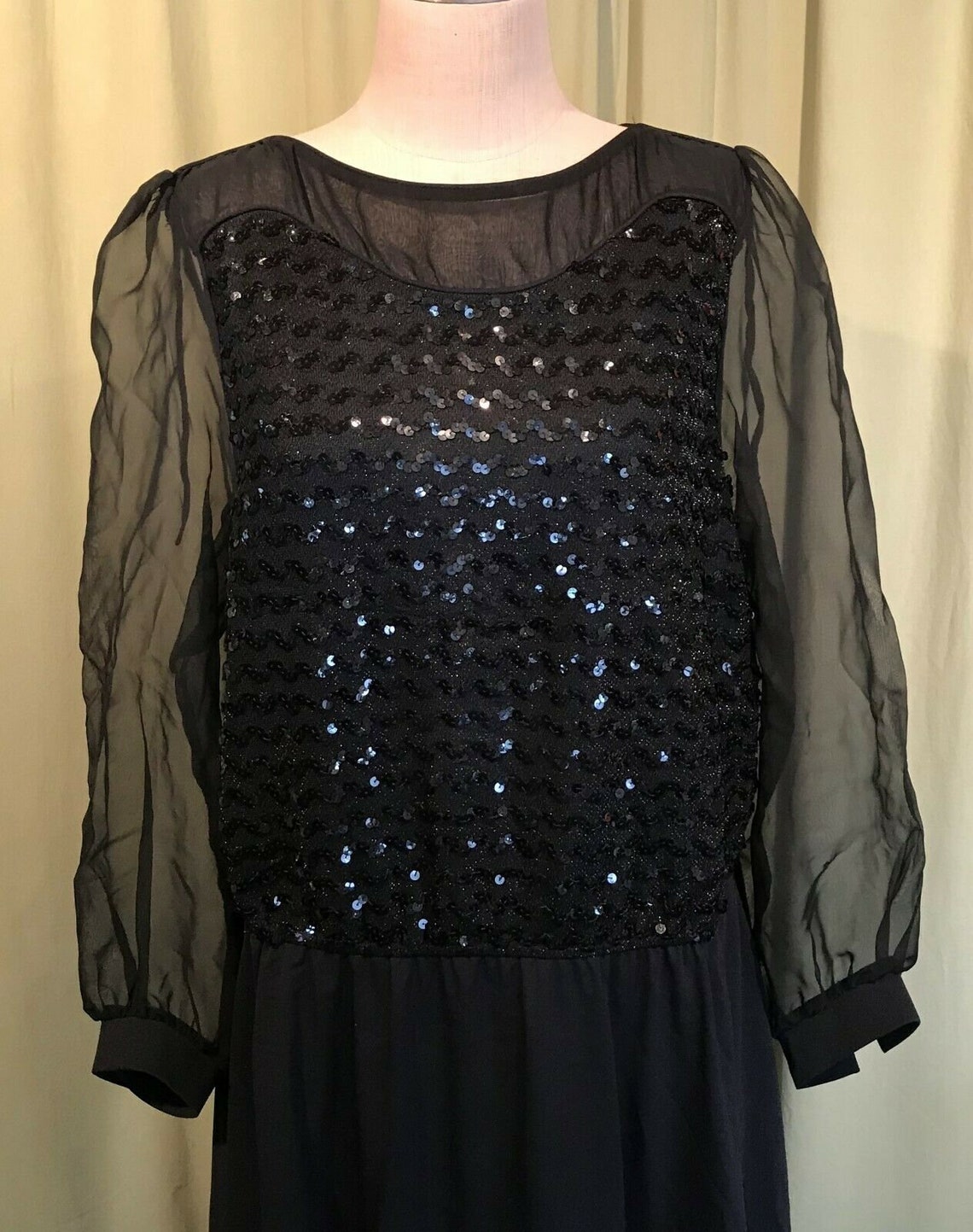 Original Vintage 60s 70s Boston Maid Sequin Bodice Black Dress W Sheer ...