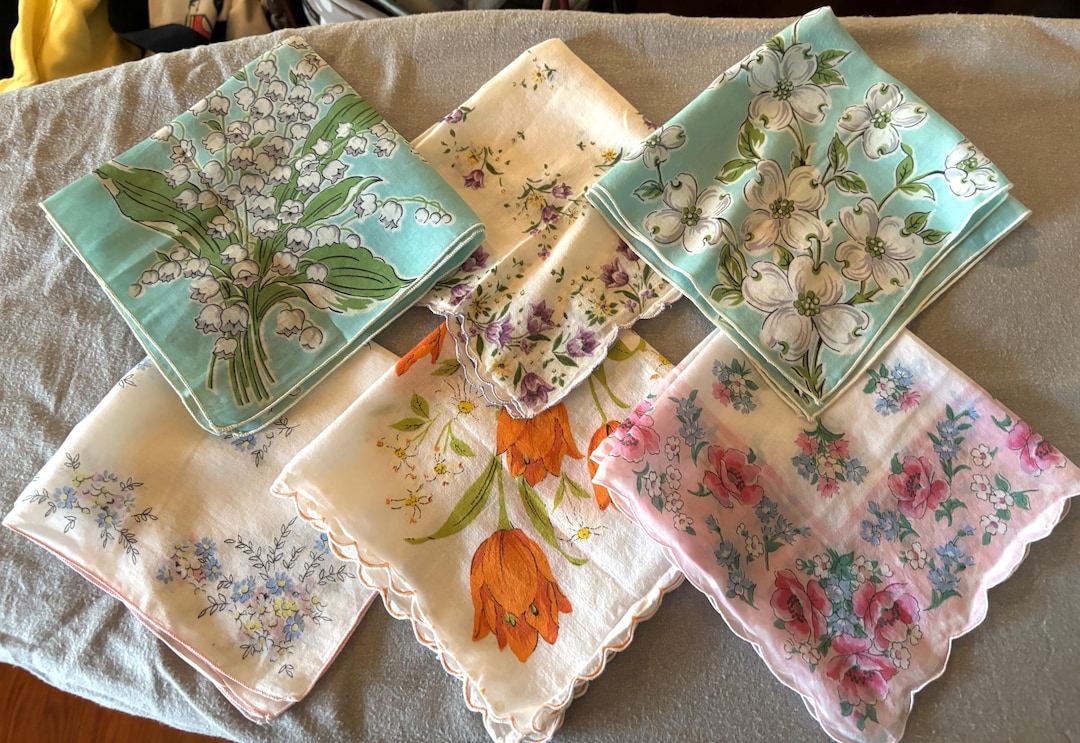 6 Pretty Vintage Mid Century Cotton Screenprint Floral Hankies ...