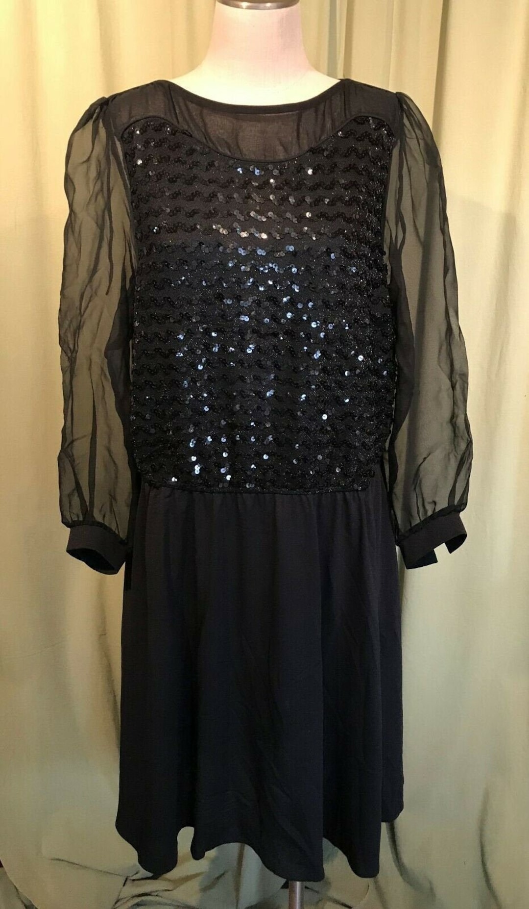 Original Vintage 60s 70s Boston Maid Sequin Bodice Black Dress W Sheer ...