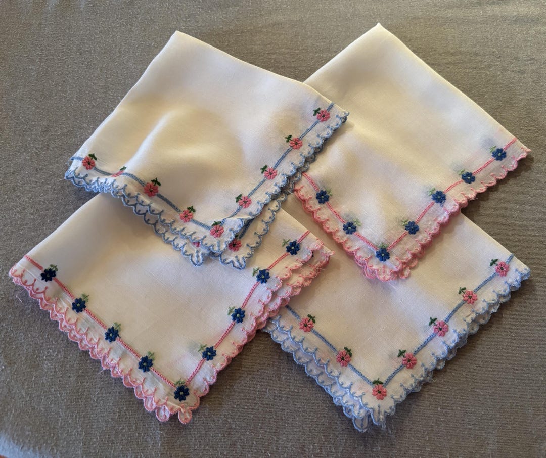 4 Charming Vintage Mid-century Cotton Matching Hankies Handkerchiefs ...