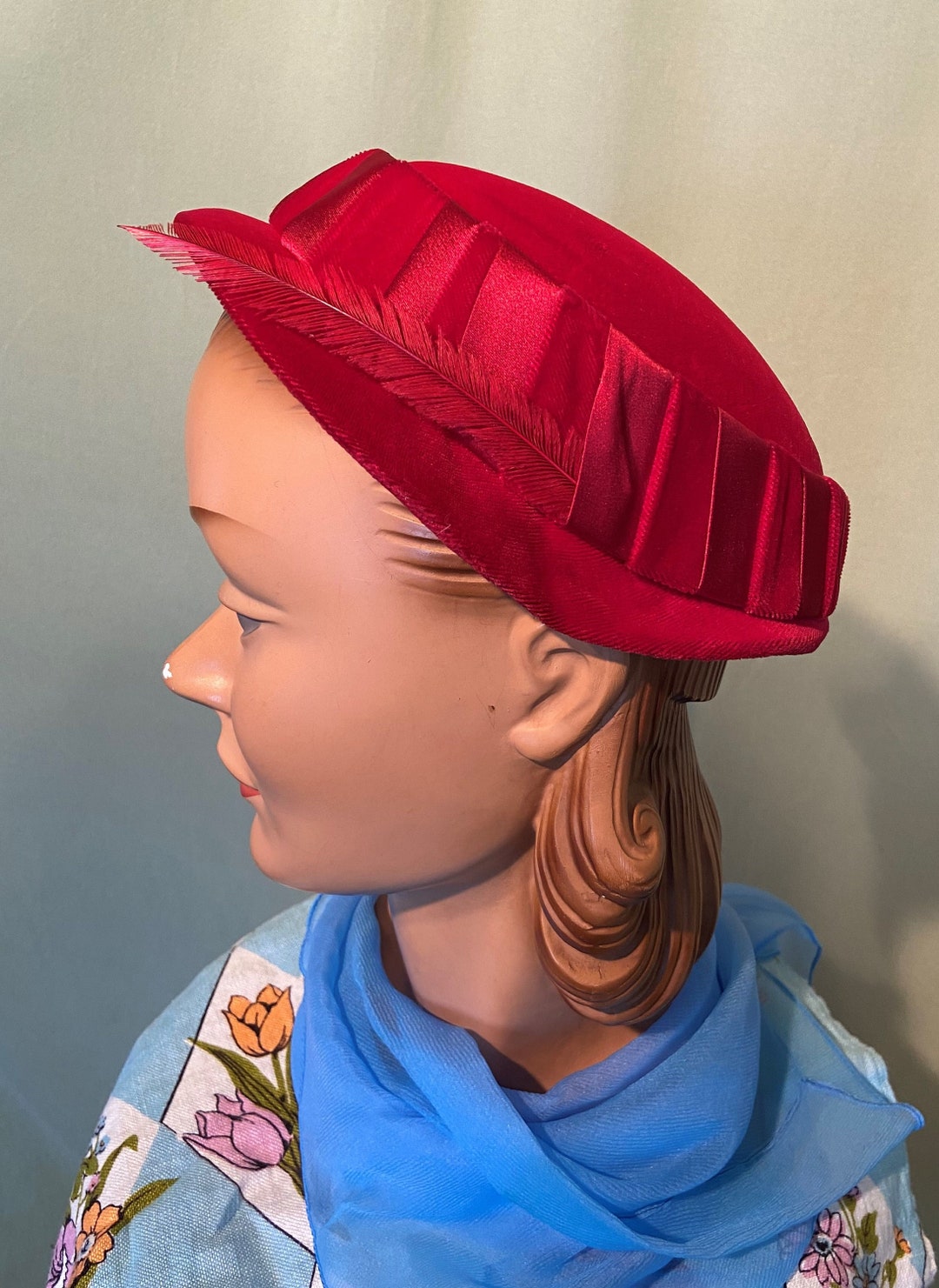 Sweet Original Mid Century Ladies' Vintage Red Velvet Skull Cap Hat 21 ...