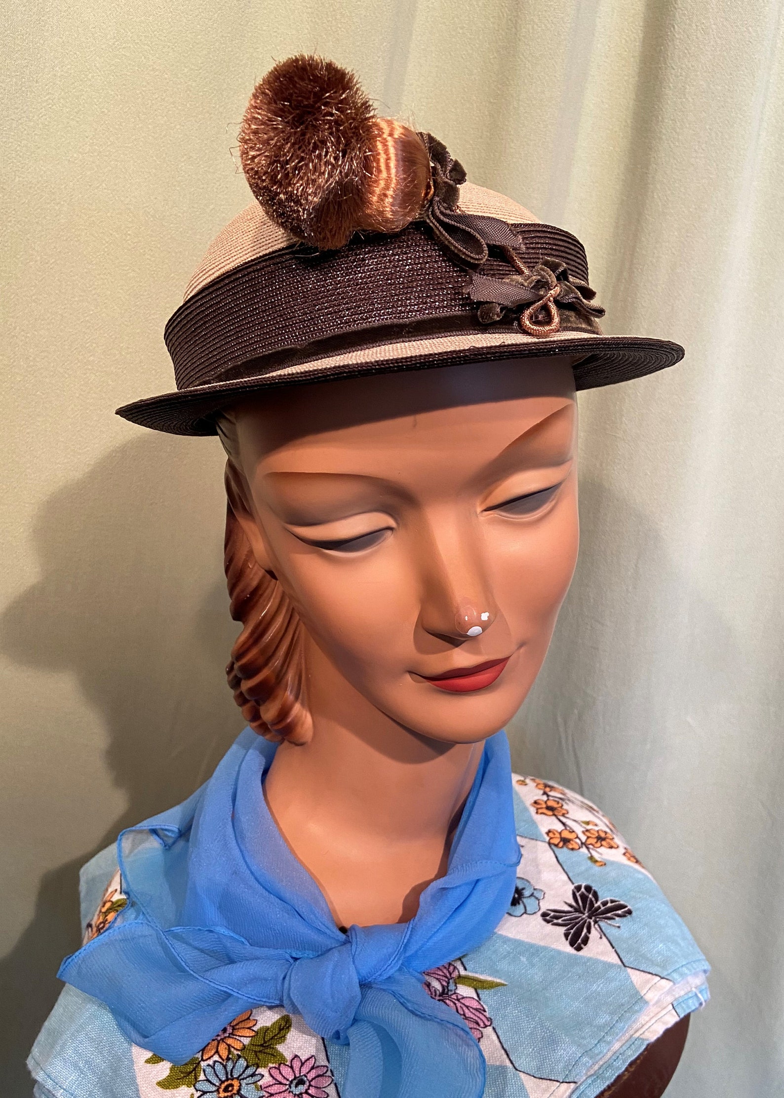 Original Vintage Mid Century Brown & Tan Mini Bowler Hat With Big Faux ...
