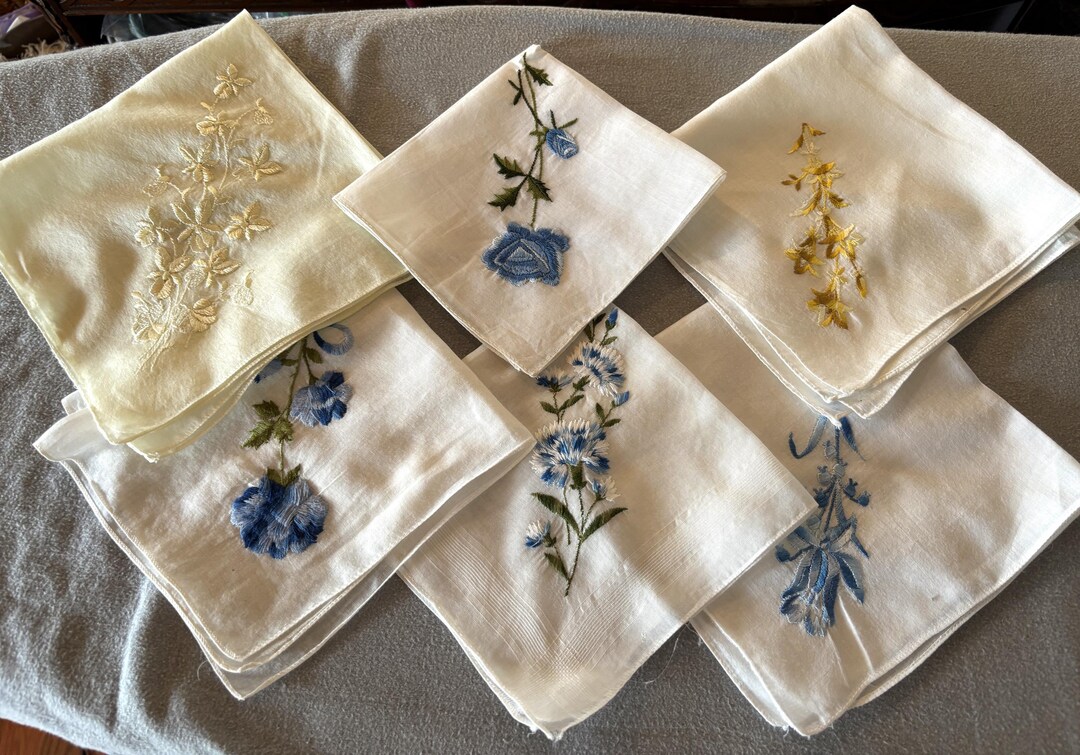 6 Charming Vintage Mid-century White & Yellow Cotton Handkerchiefs ...