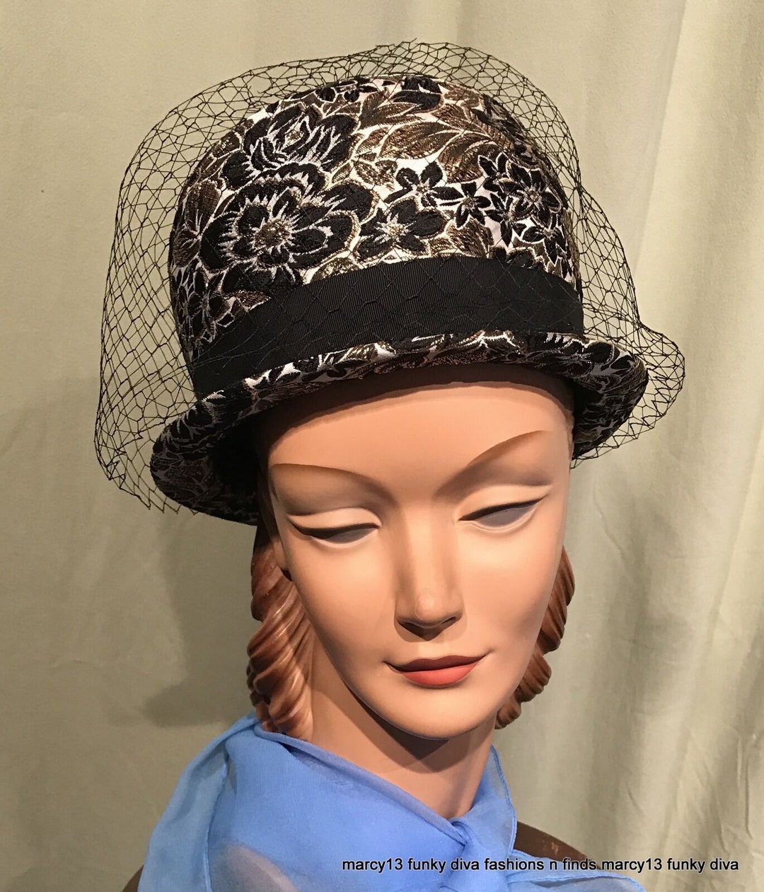 Chic Original Vintage 50s 60s Black & Metallic Gold Floral Fabric Dome ...