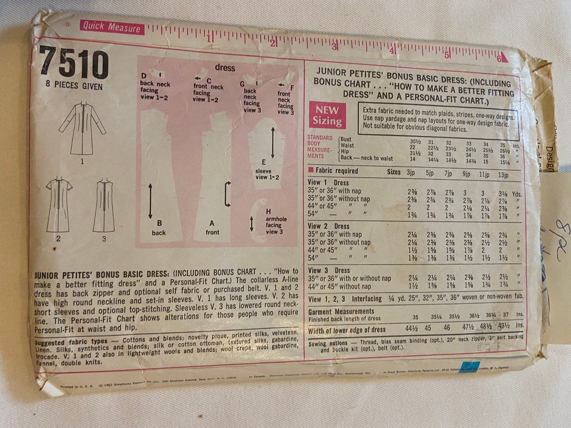 Original Vintage 1967 Simplicity Jiffy Shift Dress Pattern # 7510 Size ...