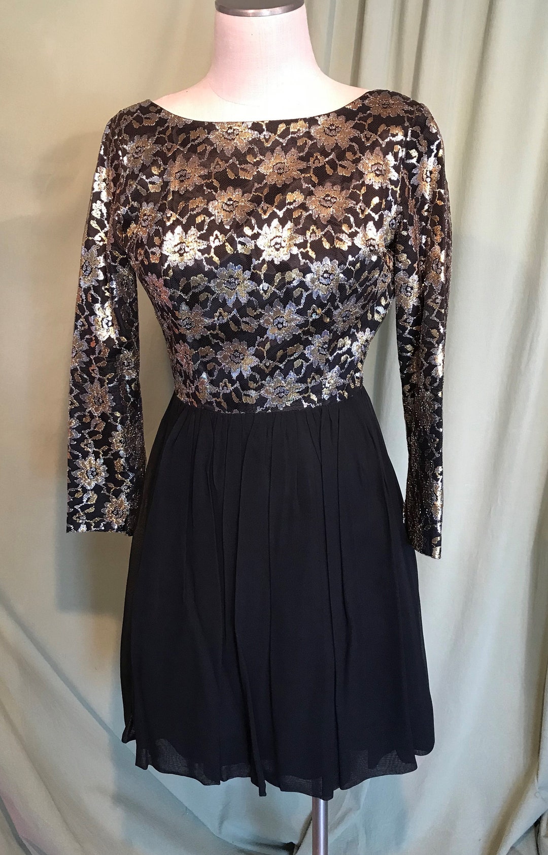 Elegant Vntage 50s 60s Cocktail Party Dress W Metallic Gold & Silver ...