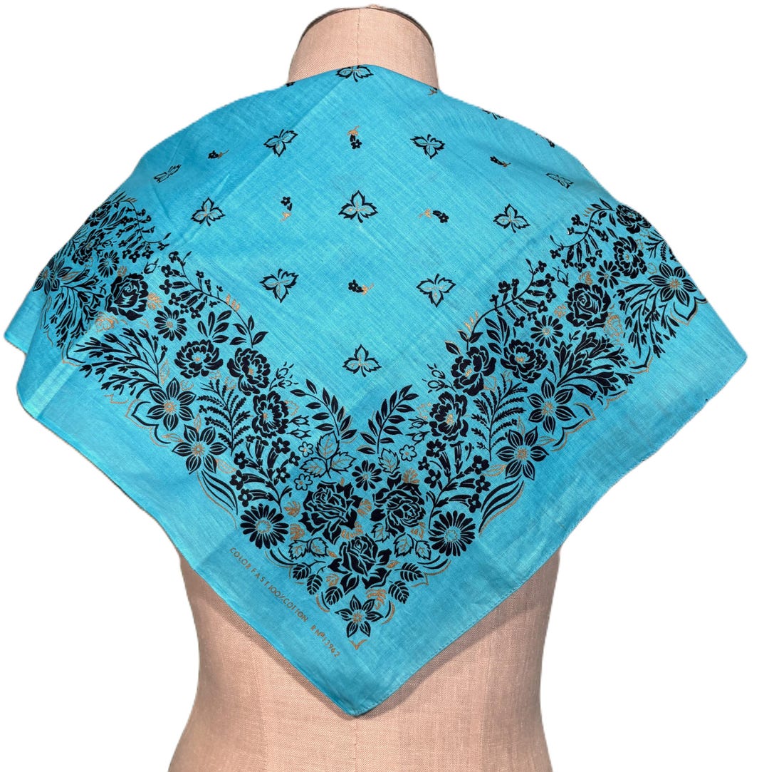 Fun Vintage 70s 80s Turquoise Blue Cotton Bandana Print Scarf Black ...
