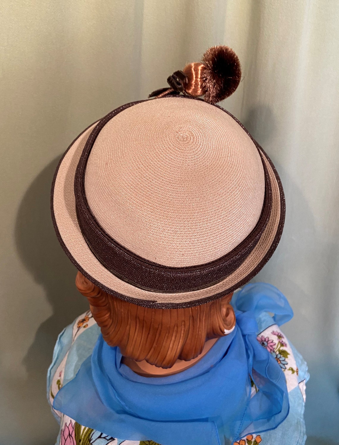 Original Vintage Mid Century Brown & Tan Mini Bowler Hat With Big Faux ...
