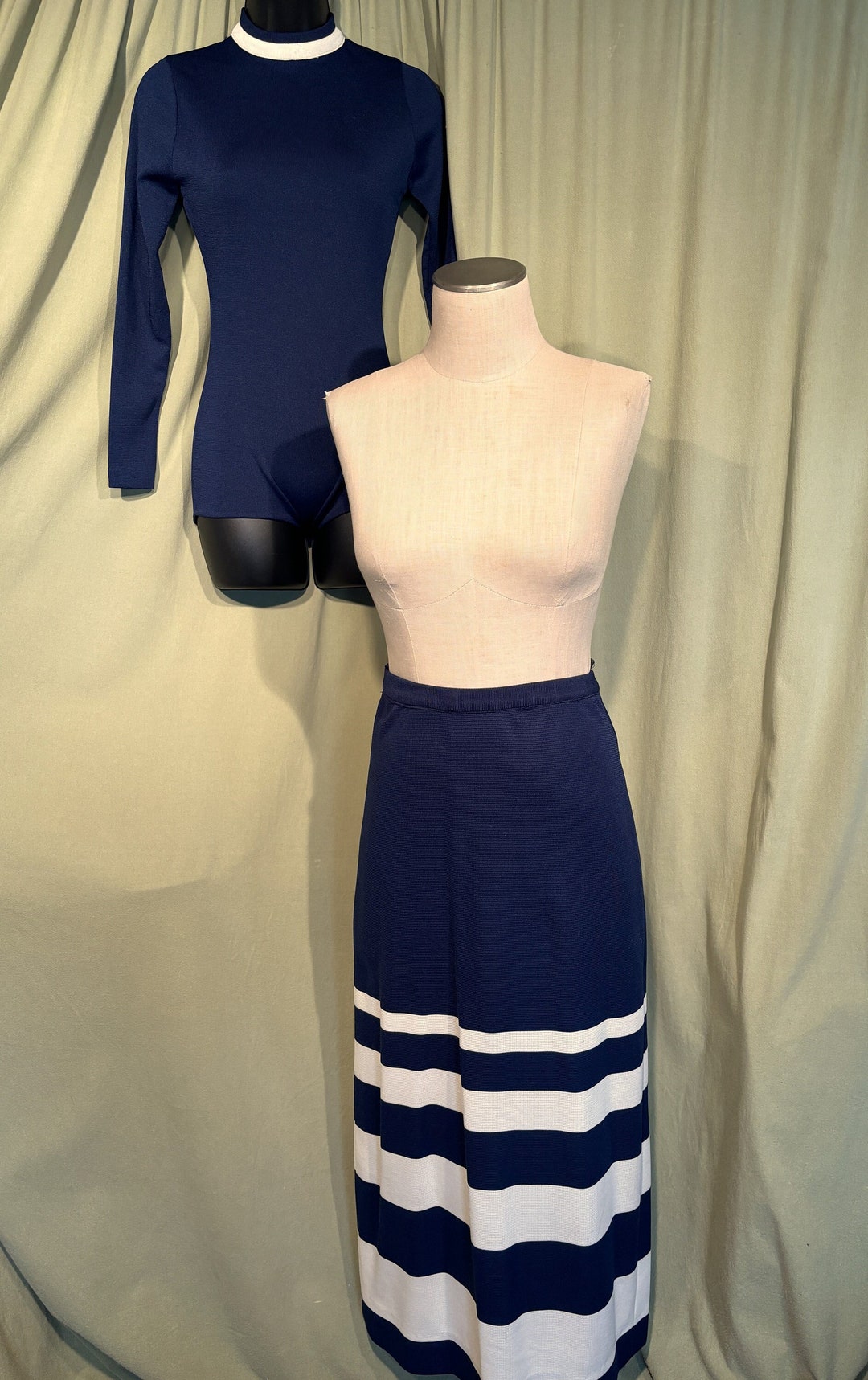 Charming Original Vintage 70s Navy Blue Poly Knit Long Sleeve Bodysuit ...