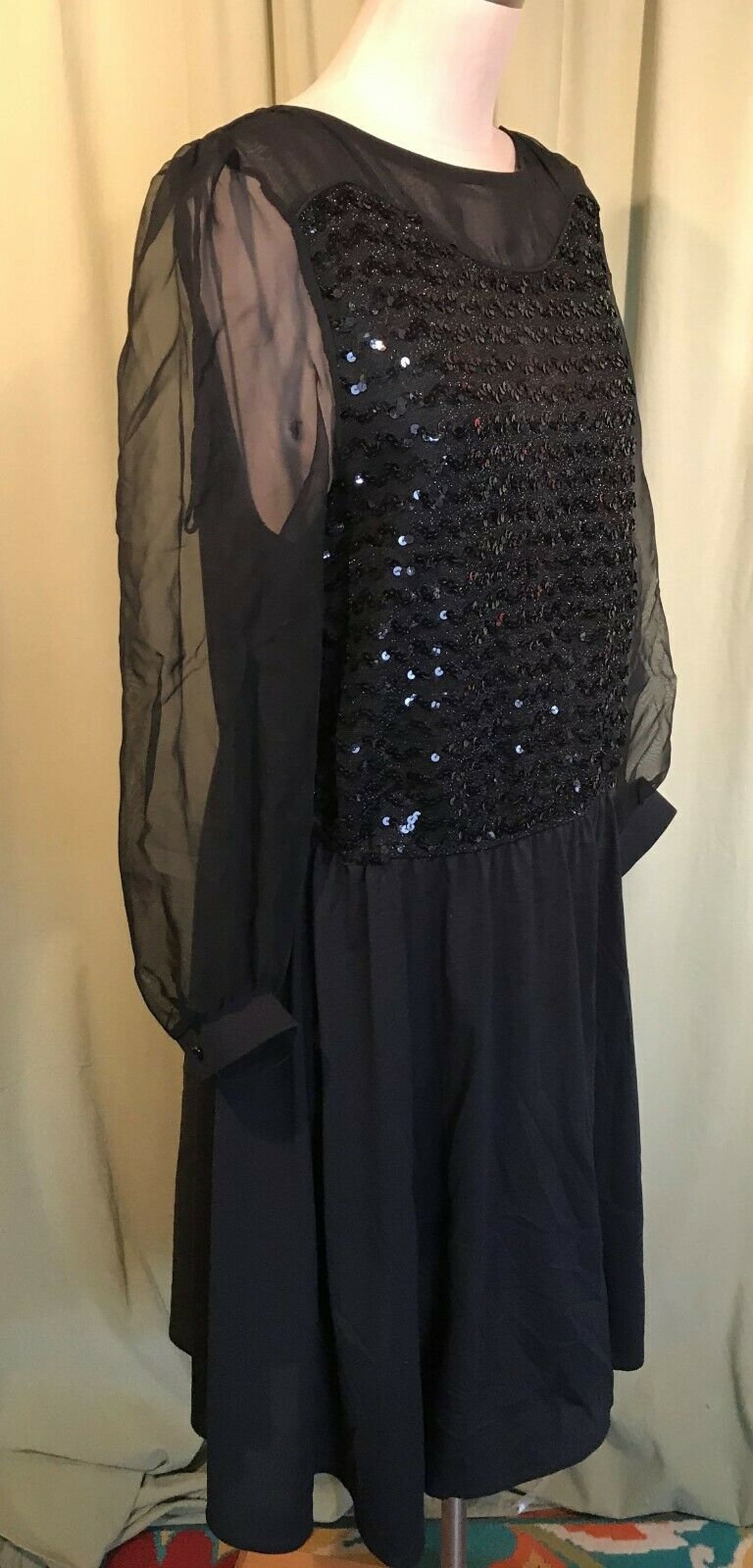 Original Vintage 60s 70s Boston Maid Sequin Bodice Black Dress W Sheer ...