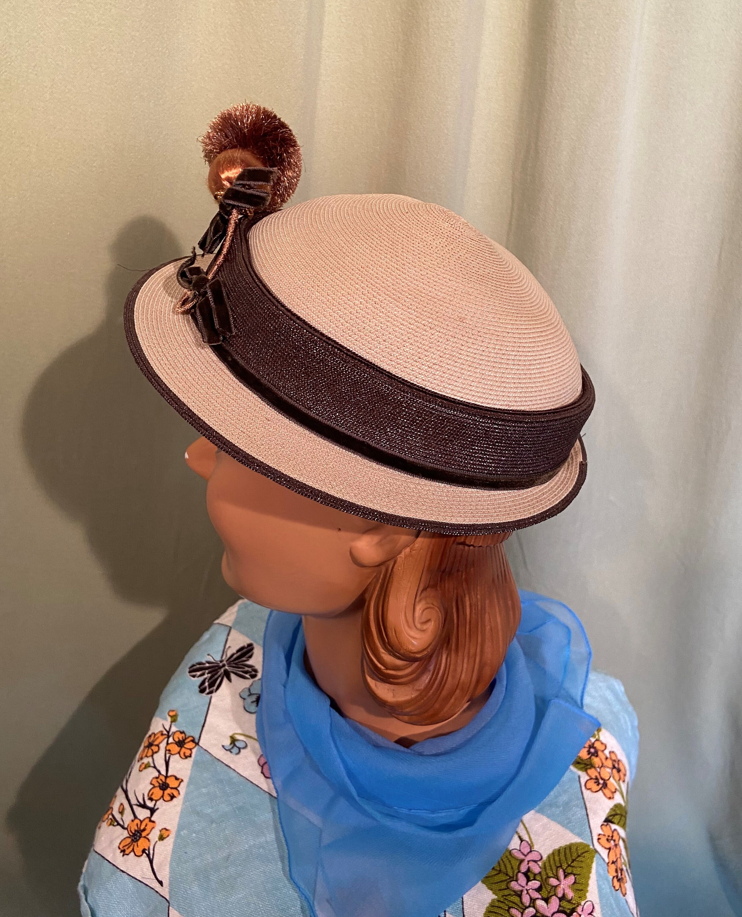 Original Vintage Mid Century Brown & Tan Mini Bowler Hat With Big Faux ...