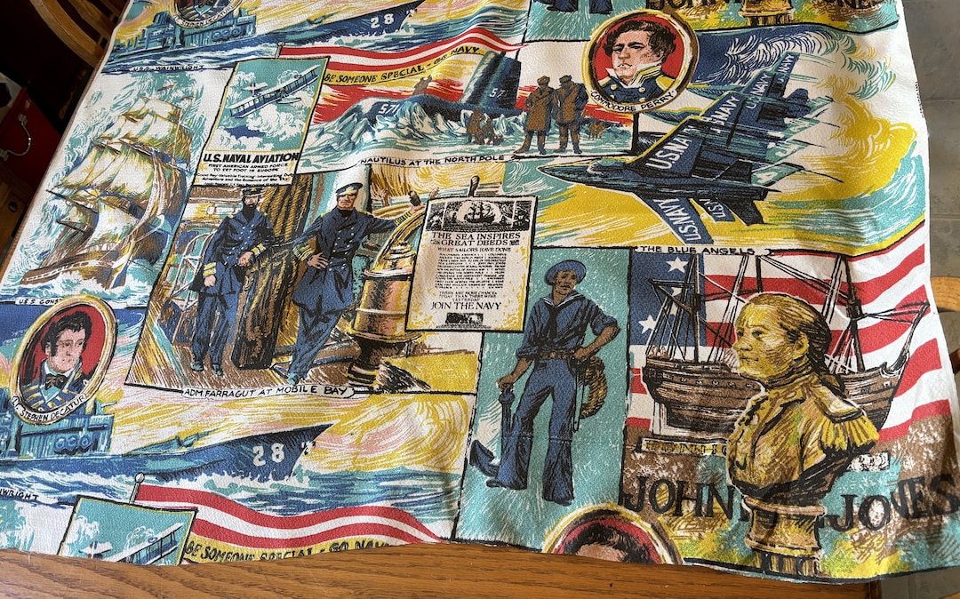 9+ Yards Vintage 70s Drapery Curtain Home Decor Fabric US Navy Theme ...