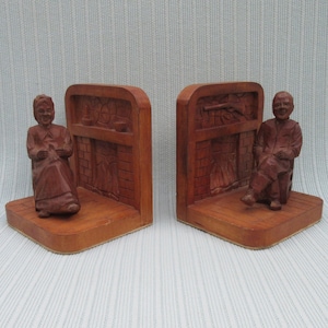 Book Ends Vintage Old Man & Woman Bookends Medium Dark Rich Color Wood ...