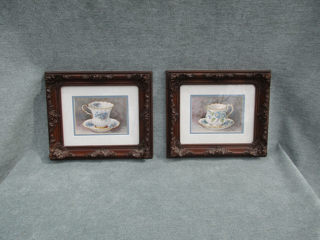 Barbara Mock Teacup Prints 13x11 Blue and White in Fancy Ornate Carved ...