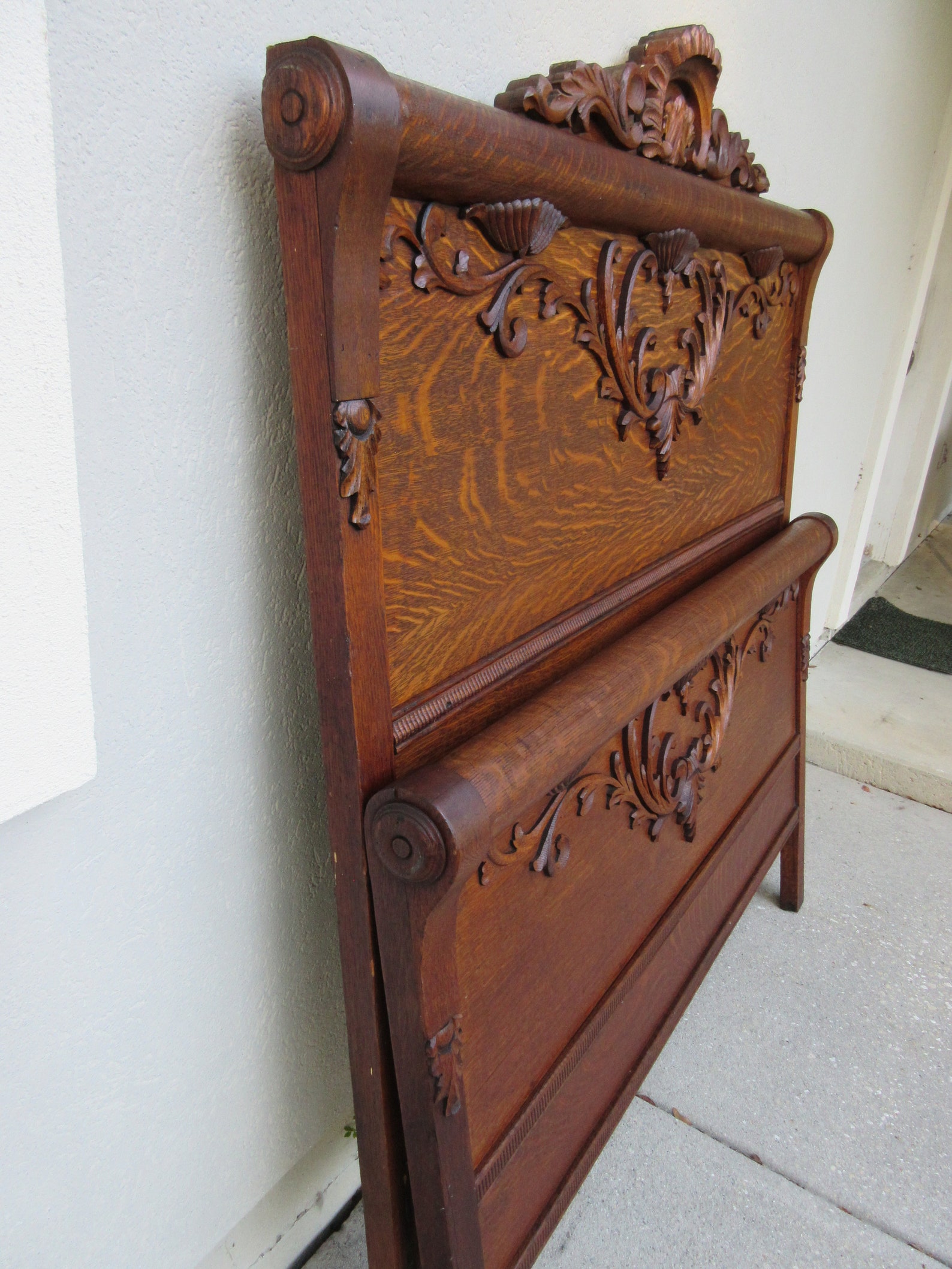 Antique Bed Headboard Footboard Vintage Carved Wood Filigree Swirls 3/4 ...