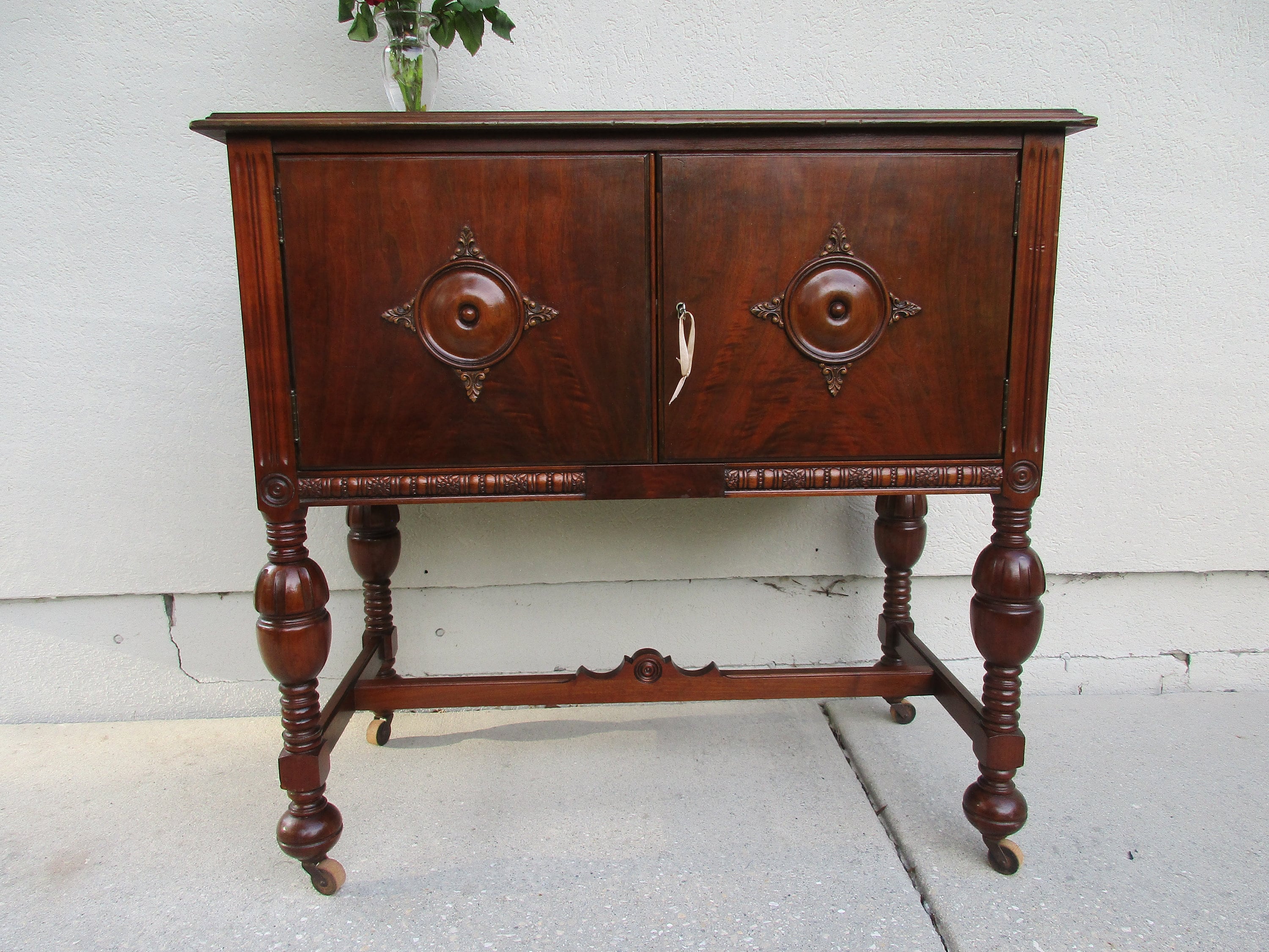 Antique Liquor Cabinet Wine Cellarette Fancy Carving Carve Vintage ...