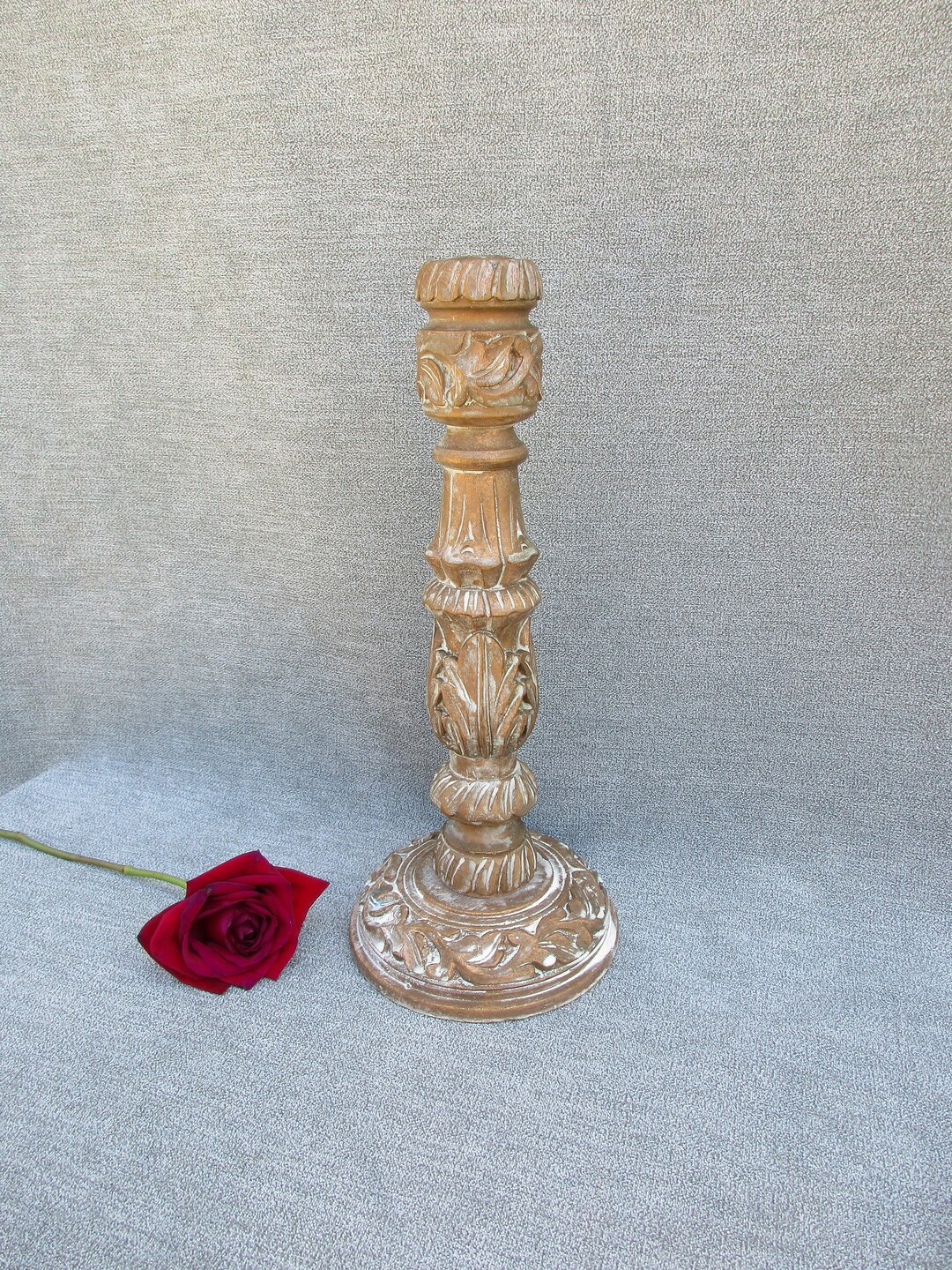 Candle Holder Tall Carved Wood 14" Taper Candlestick Holder Vintage ...