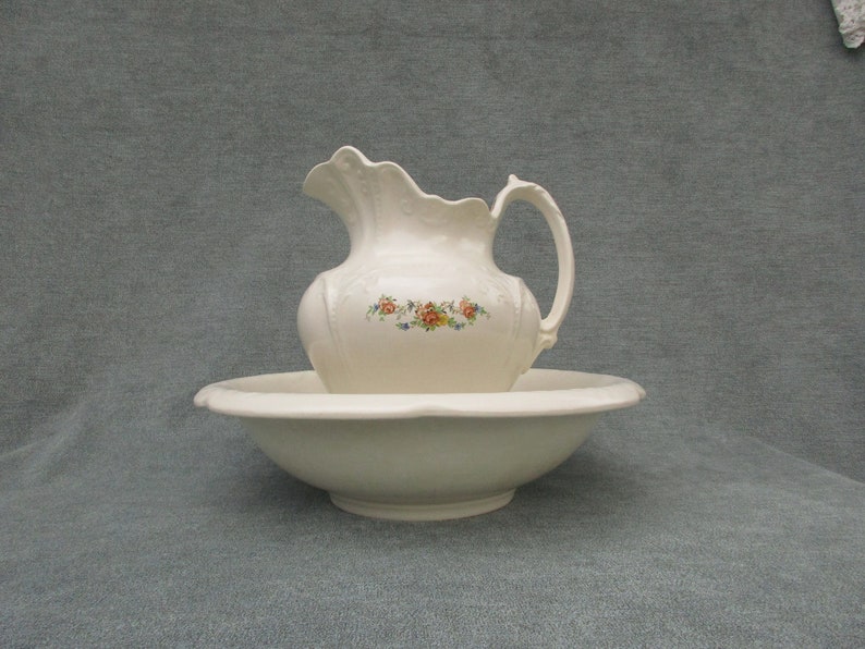 Large Pitcher & Bowl Set Wash Bowl Set Basin Ceramic Vintage White ...