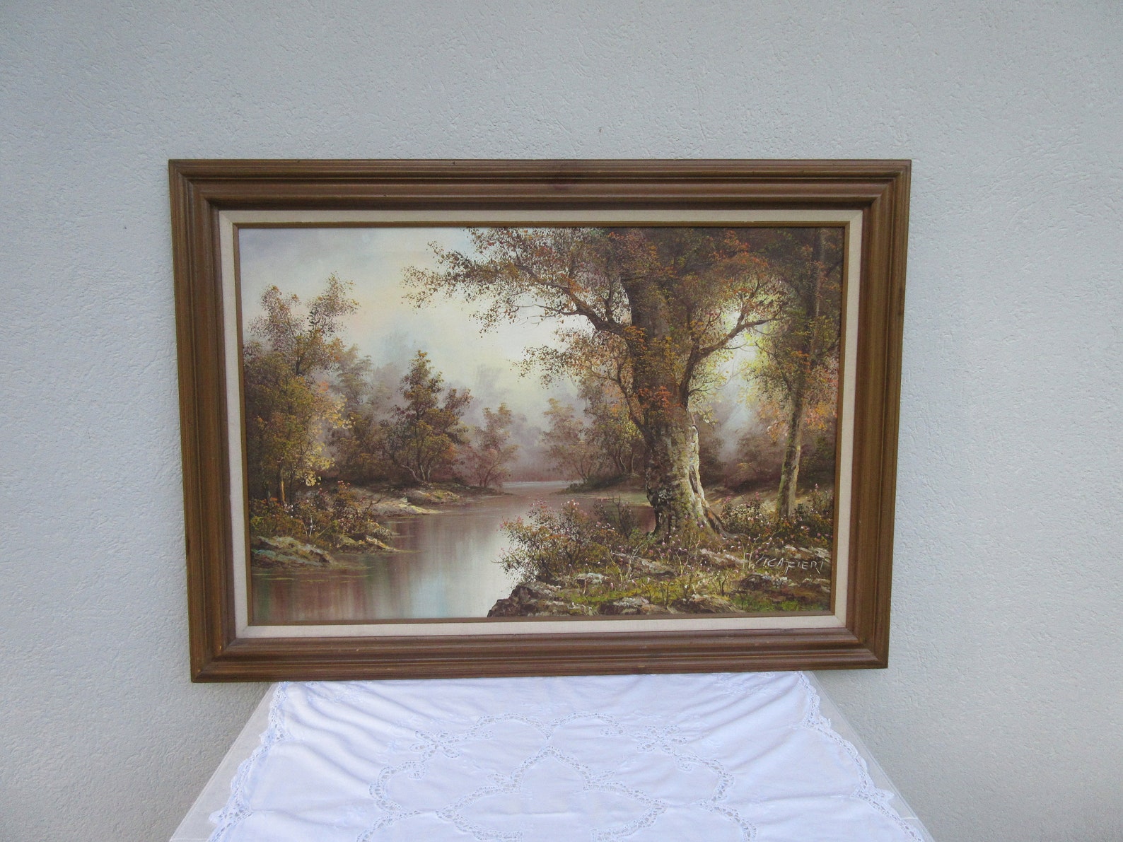 Painting Signed Trees River 43 X 31 Vintage Large Picture by I Cafieri ...
