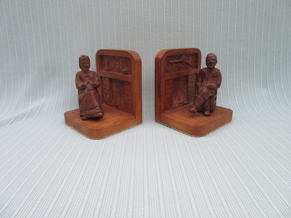 Book Ends Vintage Old Man & Woman Bookends Medium Dark Rich | Etsy