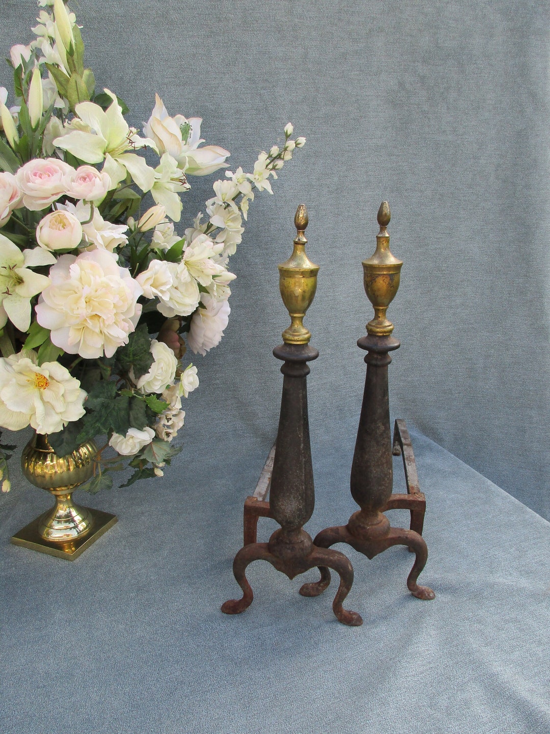 Vintage Rusty Iron & Brass Andirons Puritan Firedogs Finial Balltops ...