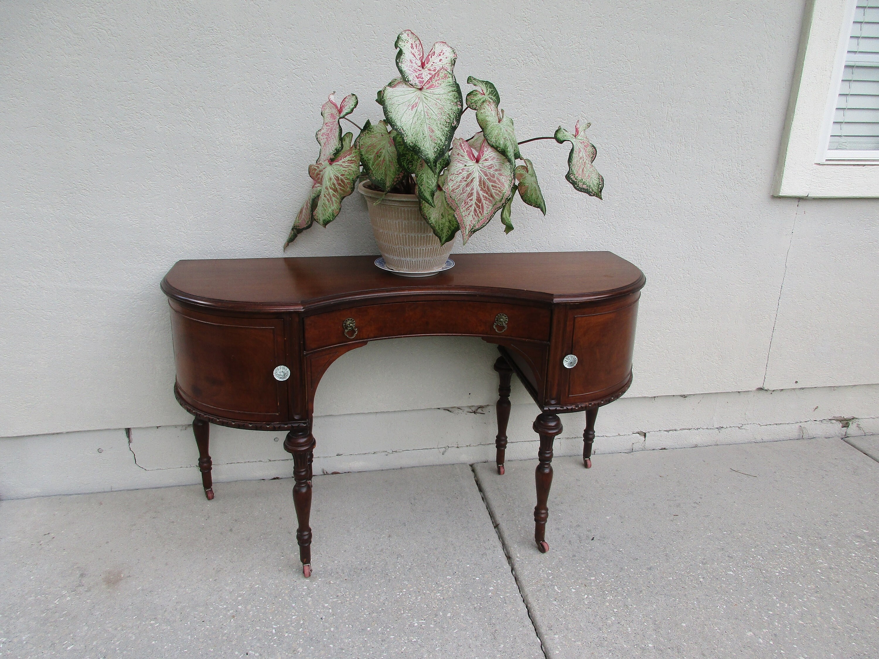 Antique Desk Unique Unusual 53 Cabinet Wood Desk Kidney Shaped Wide Swing Doors Fancy Carved Vintage Drawer Swinging Doors Six Legs Wheels Etsy
