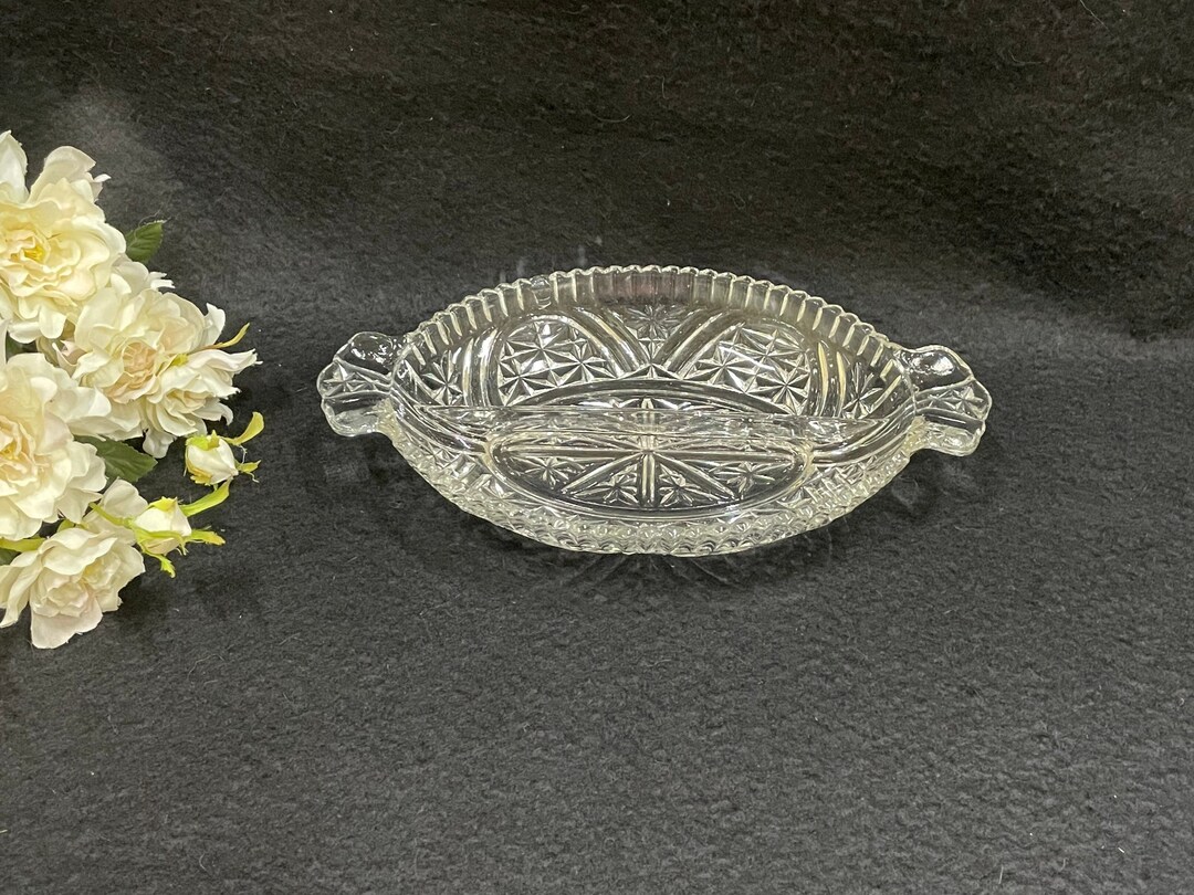 Divided Glass Serving Dish Oval Cut Glass Fancy Design Vintage Heavy ...