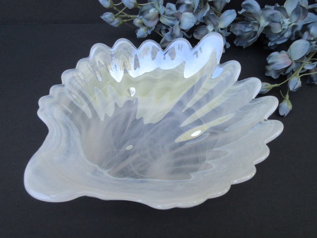 Shell Shaped Dish Seafood Lemon Side Dish Soap Dish Vintage White Iridescent Glass Sea Shell ...