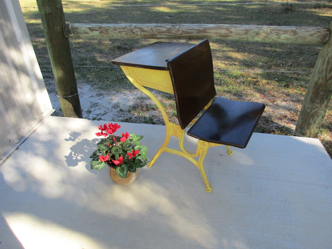 Antique Old School Desk Bench Seat Wood Seat & Desk Top on Sturdy Metal ...