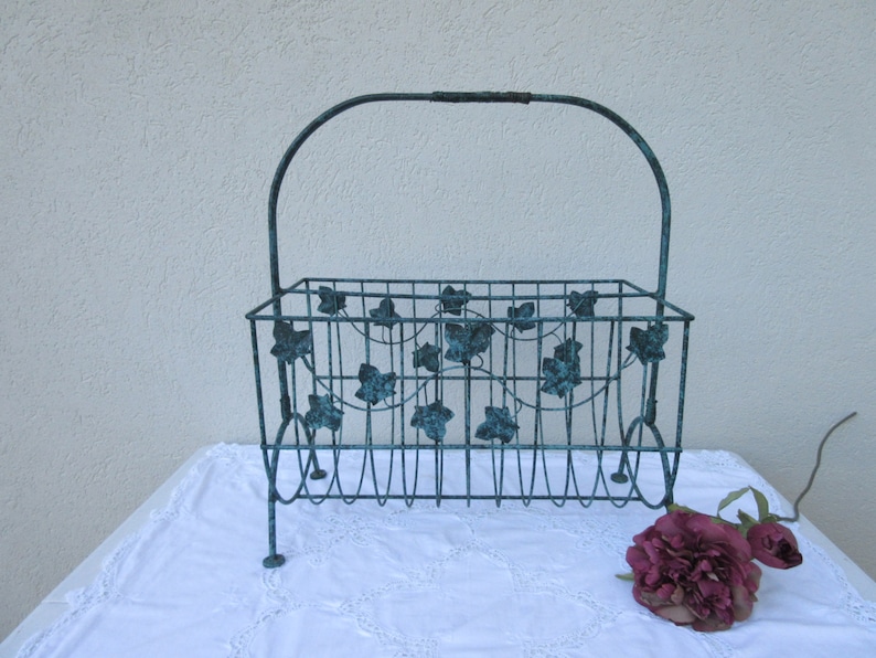 Magazine Rack Metal Basket Holder Stand Vintage Large Green & - Etsy