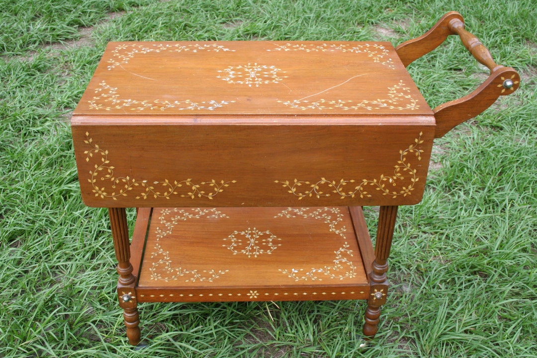 Beverage Cart Tea Cart Butler Side Table Inlaid Marble or Mother of ...