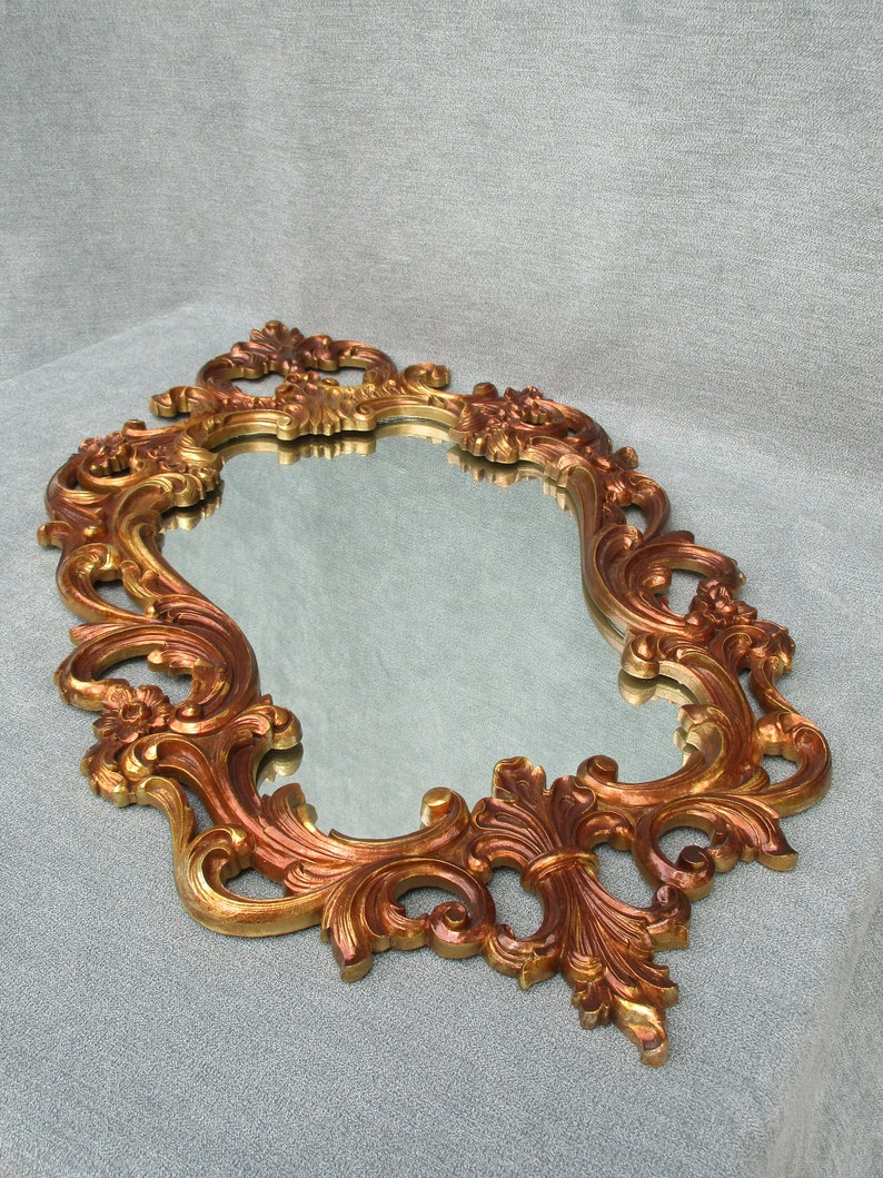 Fancy Mirror 35" Vintage Heavy Syroco Hollywood Regency Shiny Gold ...
