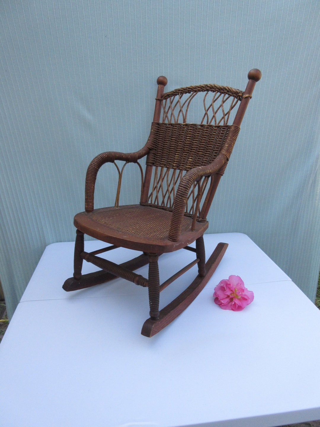 Child's Rocking Chair Rocker Antique Vintage Sturdy Wood & Wicker Rope ...