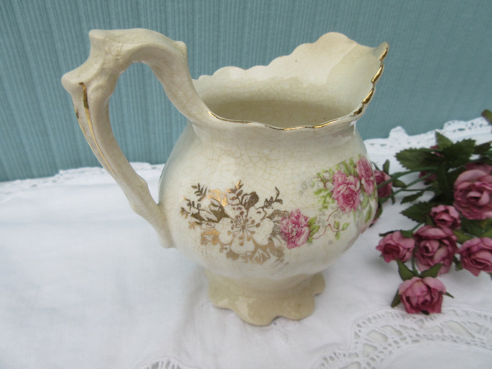 Antique Vintage Small Pitcher Pink Roses Gold Designs Creamer | Etsy