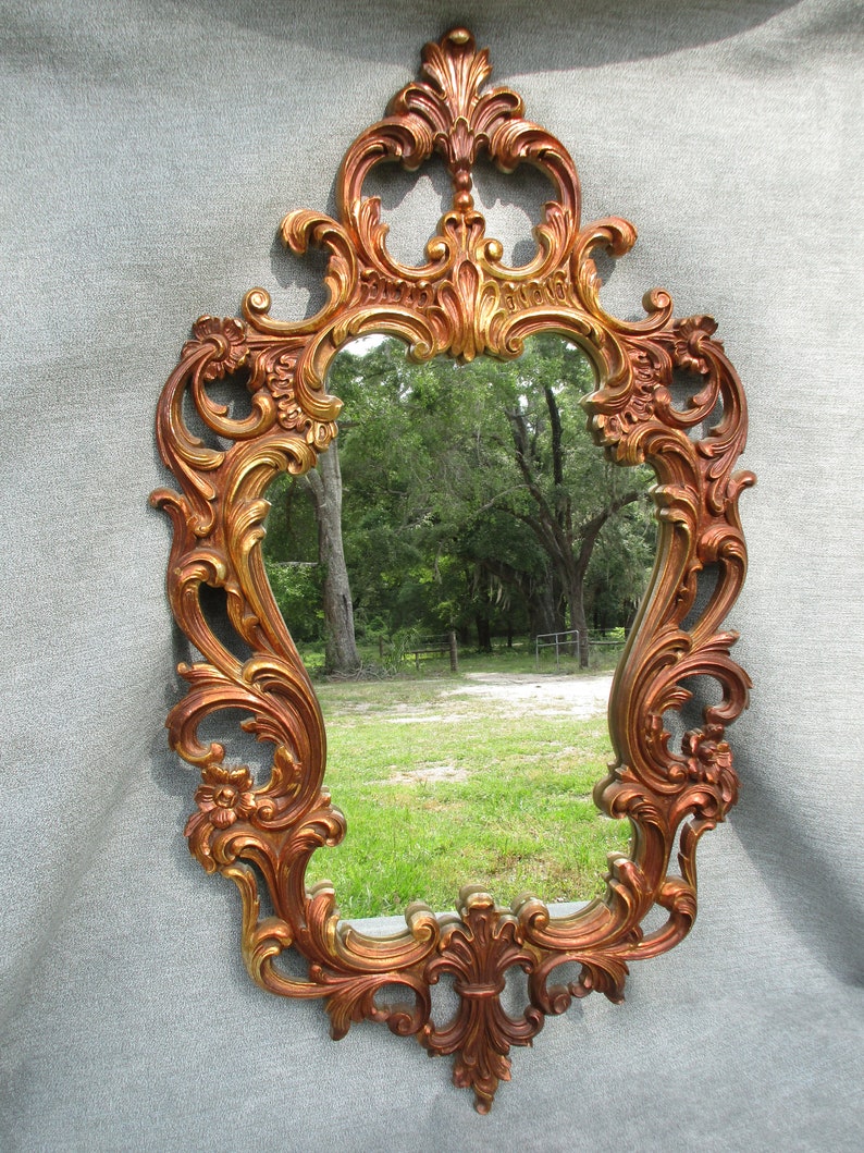 Fancy Mirror 35" Vintage Heavy Syroco Hollywood Regency Shiny Gold ...
