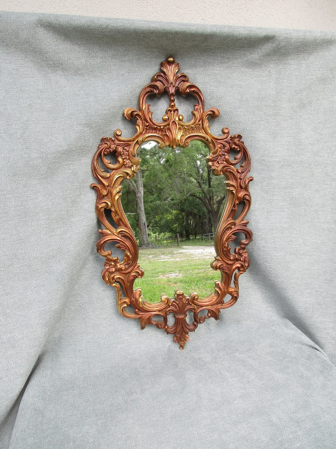 Fancy Mirror 35" Vintage Heavy Syroco Hollywood Regency Shiny Gold ...