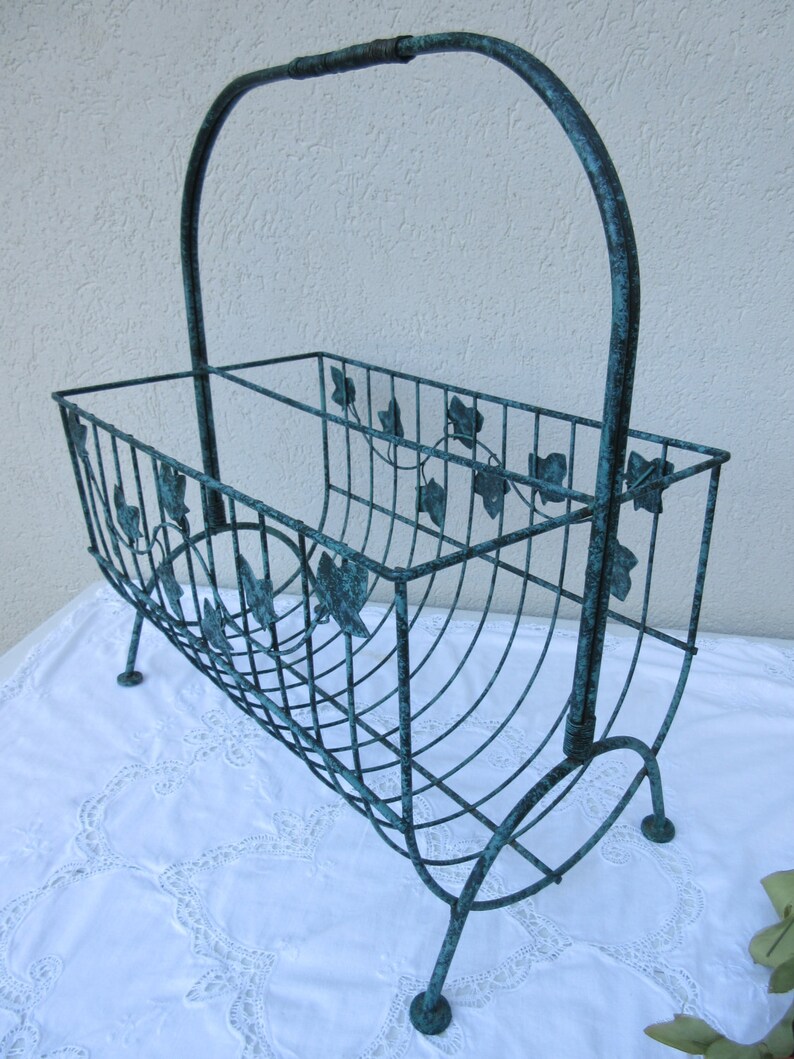 Magazine Rack Metal Basket Holder Stand Vintage Large Green & - Etsy